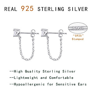Reffeer 925 Sterling Silver CZ Chain Studs Earrings Dangle for Women Teen Girls CZ Chain Drop Earrings Studs (A-Silver)