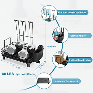 Large 2 Tier Dish Drying Rack with Swivel Spout, romision Stainless Steel Dish Rack Drainboard Set, Dish Drainers for Kitchen Counter with Cutting Board Holder, Utensil Holder, Cup Holder and Dry Mat