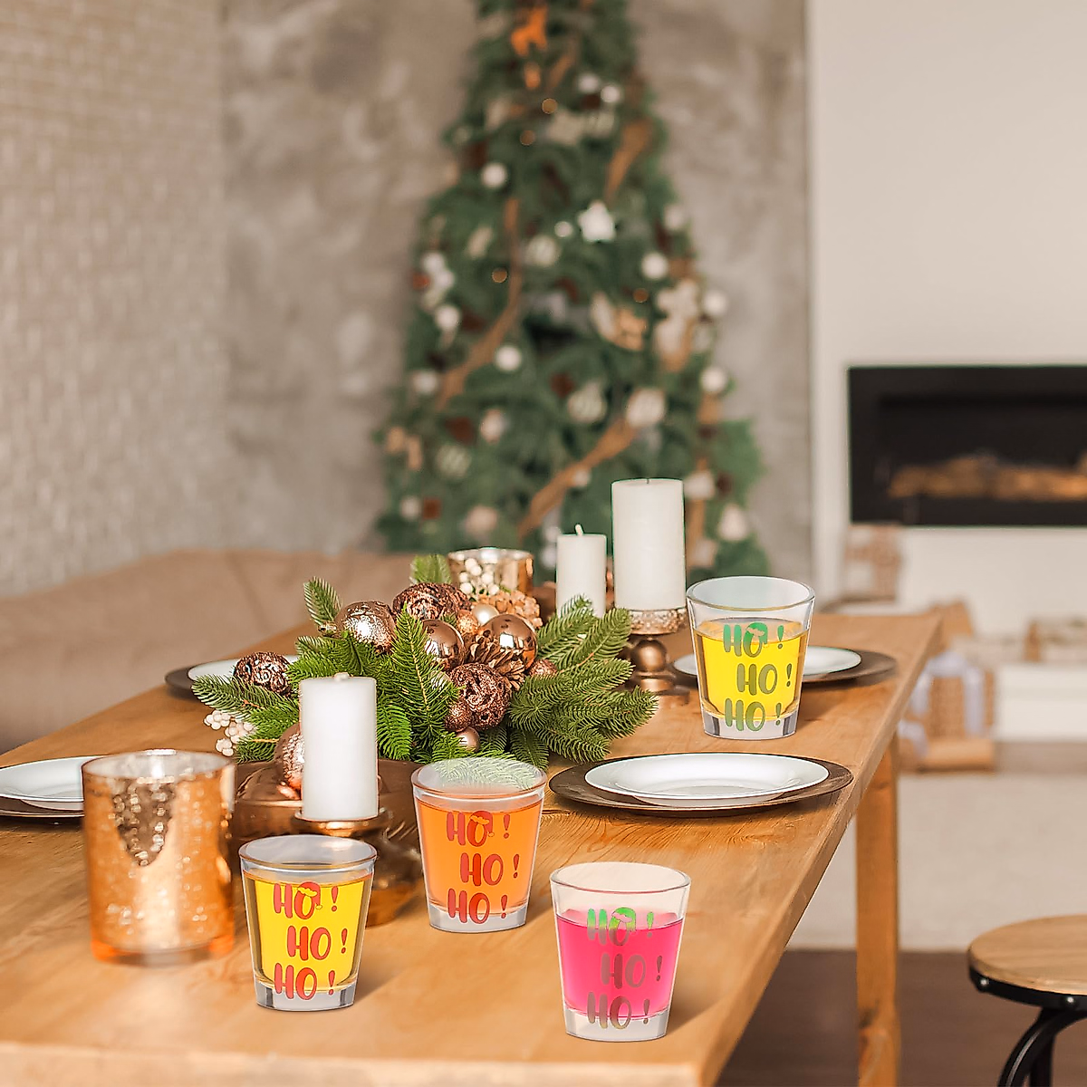 Sliner 24 Pcs Christmas Shot Glasses 2 oz Holiday Glass Cups with Ho Ho Ho Print Mini Christmas Glasses Drinkware Bulk for Drinking Liquor Vodka Whiskey Party Supplies Gifts Table Decoration