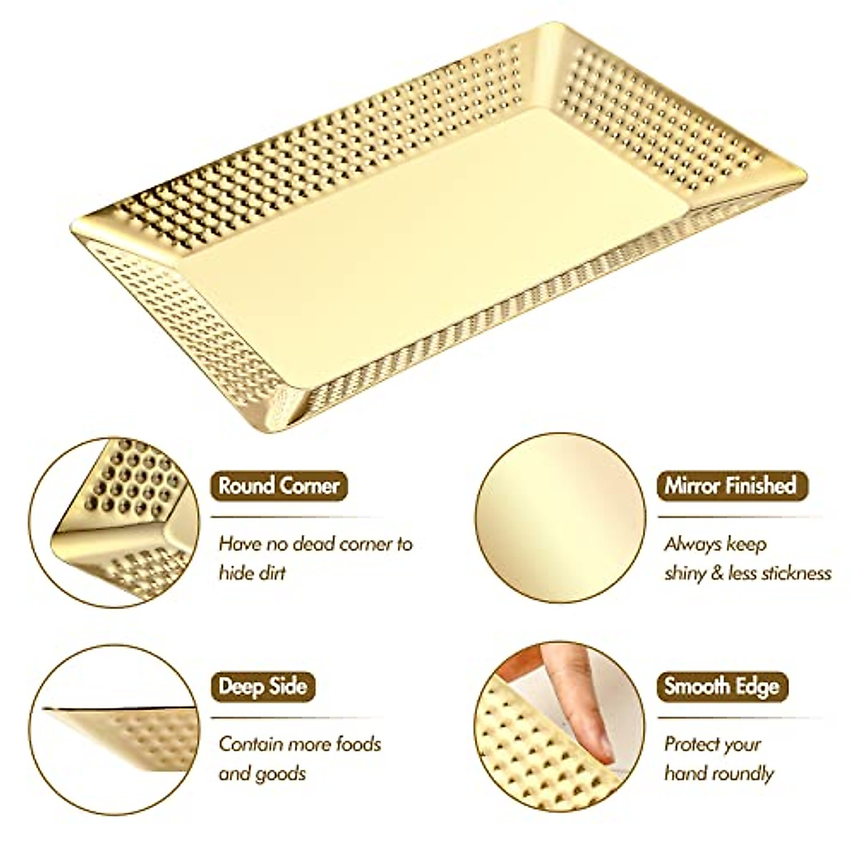 Koluti 12 Inch Gold Rectangle Decorative Tray, Brass Tone Hammered Nightstand Accessory Dresser Serving Plate, Counter Perfume Jewelry Makeup Organizer Storage, Stainless Steel