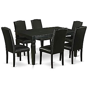 EAST WEST FURNITURE 7Pc Rectangular 42/60 inch Dinette Table With 18 In Leaf And 6 Parson Chair With Black Leg And Pu Leather Color Black.
