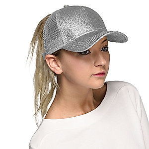 C.C Hatsandscarf Ponytail caps Messy Buns Trucker Plain Baseball Cap (BT-6) (Glitter-Grey)