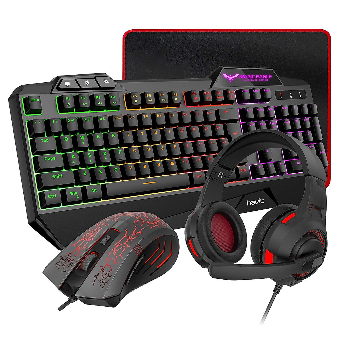 HAVIT Gaming Keyboard Mouse Headset & Mouse Pad Kit, Rainbow LED Backlit Wired, Over Ear Headphone with Mic for PC, Computer, Xbox ONE & PS4, Tablet, Mobile Phones (Renewed)