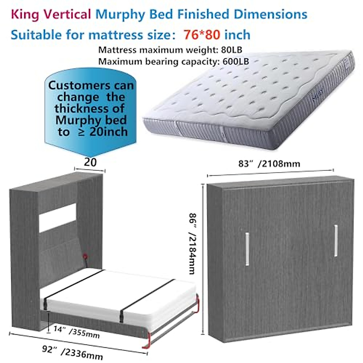 Tlongxia【Vertical-King Murphy Bed Kit DIY Hardware with Coarse Gas Bumper Spring Frame Mattress Concealed for Semi-Automatic Foldable Cabinet Bed Closet Bed Room Study Wall Bed Easy to Install