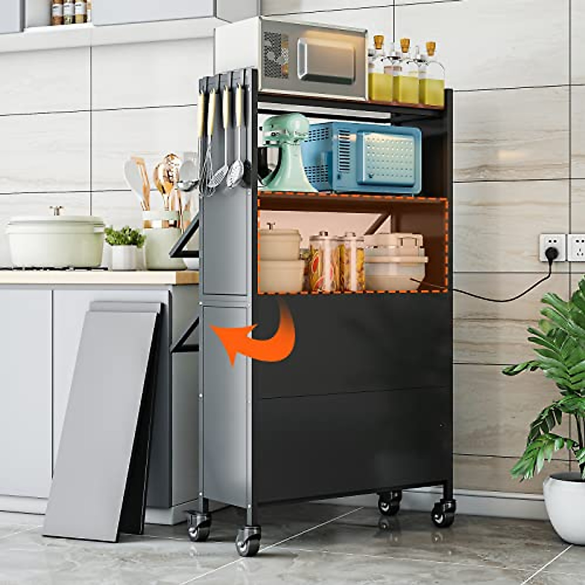 GILLAS 5-Tier Bakers Racks for Kitchen with Storage, Free-Standing Microwave Stand with Organzier Shelf, Kitchen Utility Storage Shelf with Flip Door Cabinet, Coffee Bar Cabinet, Black, Medium