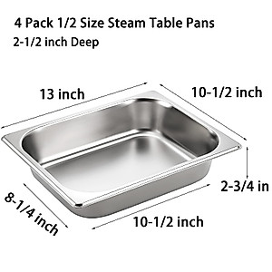 TOPZEA 4 Pack Hotel Pans Half Size, 2.5" Deep 1/2 Size Stainless Steel Steam Table Pan Buffet Catering Food Pan, Warmer Breading Tray Batter Pans for Hotel, Party Catering Supplies