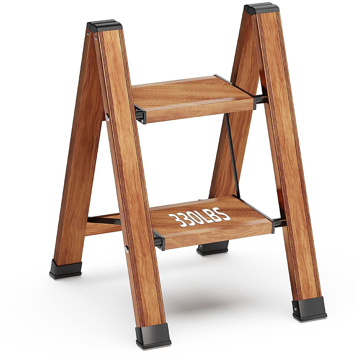 2 Step Ladder Folding Step Stool with Anti-Slip Sturdy and Wide Pedal, Lightweight 330lbs Portable Aluminum Woodgrain Shelf for Household and Kitchen Space Saving