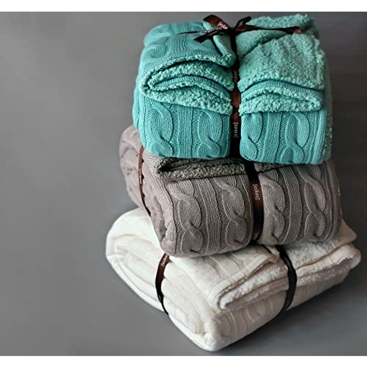 Cable Knit Sherpa Oversized Throw Reversible Blanket Faux Sheepskin Lined Cozy Cotton Blend Sweater Knitted Afghan in Grey White or Turquoise Blue (Off White)