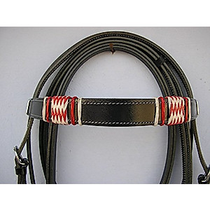 GSk Reitsports New Western Primium Genuin Leather Headstall Red/White Raw Hide Knotted Brow Band Headstall Black