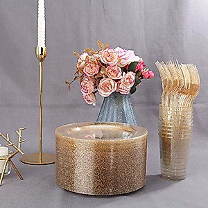 WELLIFE 24 Pack Plastic Gold Glitter Serving Tray with Disposable Utensils, 6 Rectangle Platter 15” x 10”, 6 Serving Spoons 10”, 6 Serving Forks 10”, 6 Serving Tongs 6.3”, Perfect for Buffet & Partie