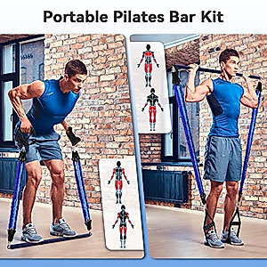 Hommie Portable Pilates Bar Kit with Resistance Bands for Men and Women，Upgraded 3 Section Pilates Bar with Resistance Bands (20/40/60lb) for Home Gym Equipment Supports Full-Body Workouts