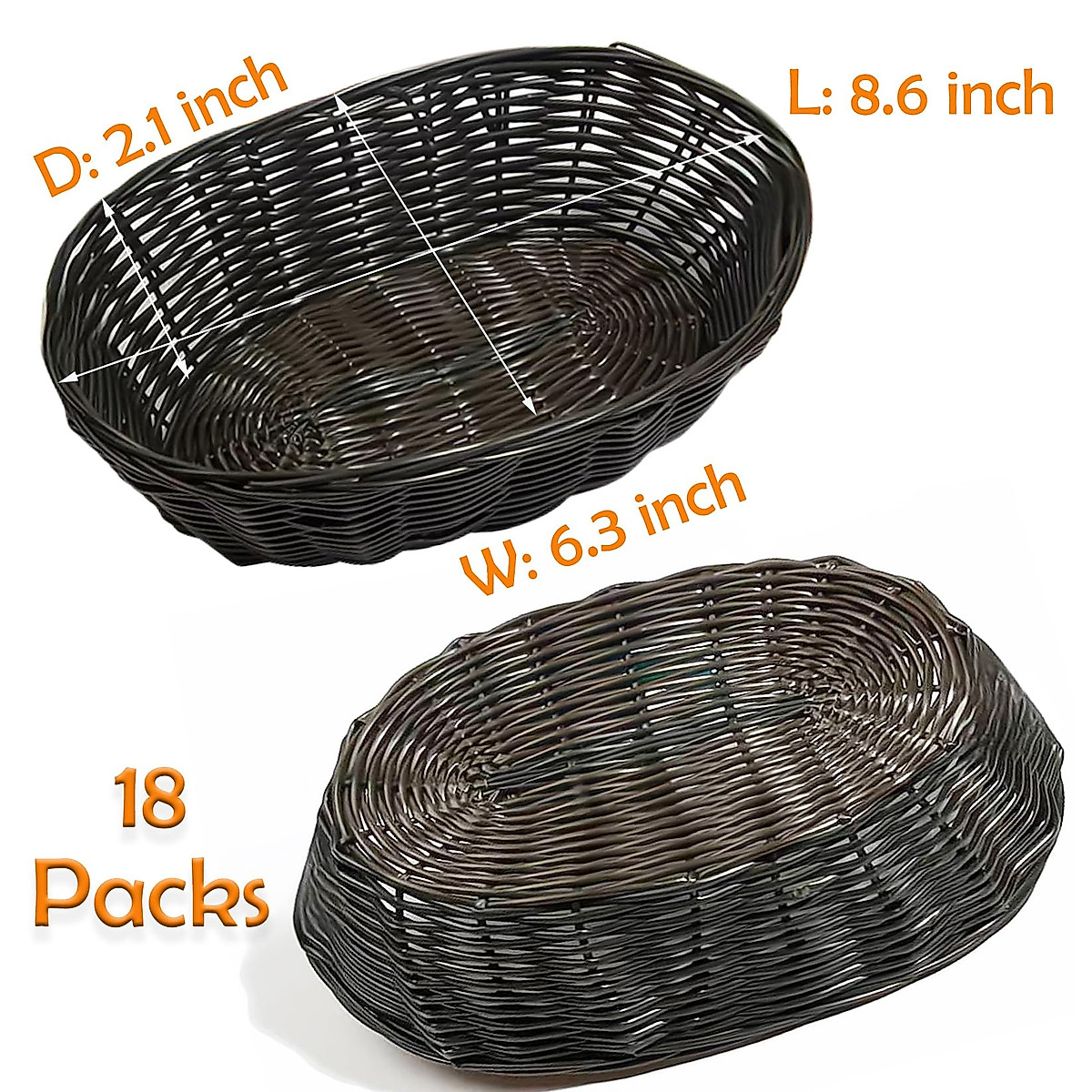 Cheardia 12 Pack Plastic Oval Basket, 8.6 X 6.3 X 2.1 Inch Woven Bread Baskets for Serving Small Empty Gift Baskets, Imitation Rattan Basket for Kitchen Restaurant Centerpiece Display - Dark Brown