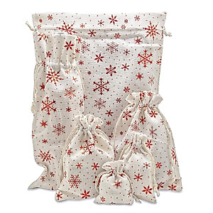 12-Pack 8x10 Reusable Cotton Canvas Muslin Gift Bags w. Drawstrings (Red Snowflakes, Large) - for Presents, Party Favors, Retail, Samples by TheDisplayGuys