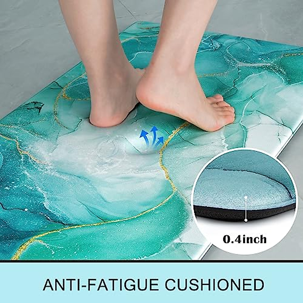 BLEUM CADE 2 PCS Kitchen Rugs and Mats Teal Marble Kitchen Mats for Floor Anti Fatigue PVC Waterproof Leather Runner Rug Non Slip Cushioned Standing Mat for Sink Laundry 17.3''x30''+17.3''x47''