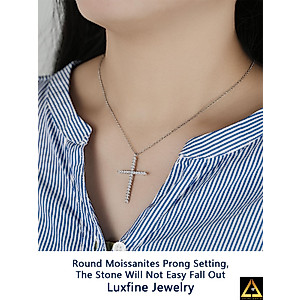 Luxfine Moissanite Cross Necklace for Women, Sterling Silver Diamond Crucifix Pendant, White Gold Plated Iced Out Jewelry, Metal, Moissanite