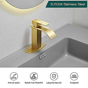 Hoimpro Brushed Gold Waterfall Spout Single Hole Bathroom Faucet, Stainless Steel Single Lever Bathroom Vanity Sink Faucet with Drain, cUPC Hose and Deck Plate