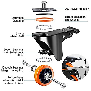 4 Inch Caster Wheels with Brake 2200lbs, Casters Set of 4, Heavy Duty Casters,Industrial Polyurethane Casters with Double Ball Bearings, Top Plate Swivel Castors Wheels for Furniture,Workbench,Cabinet