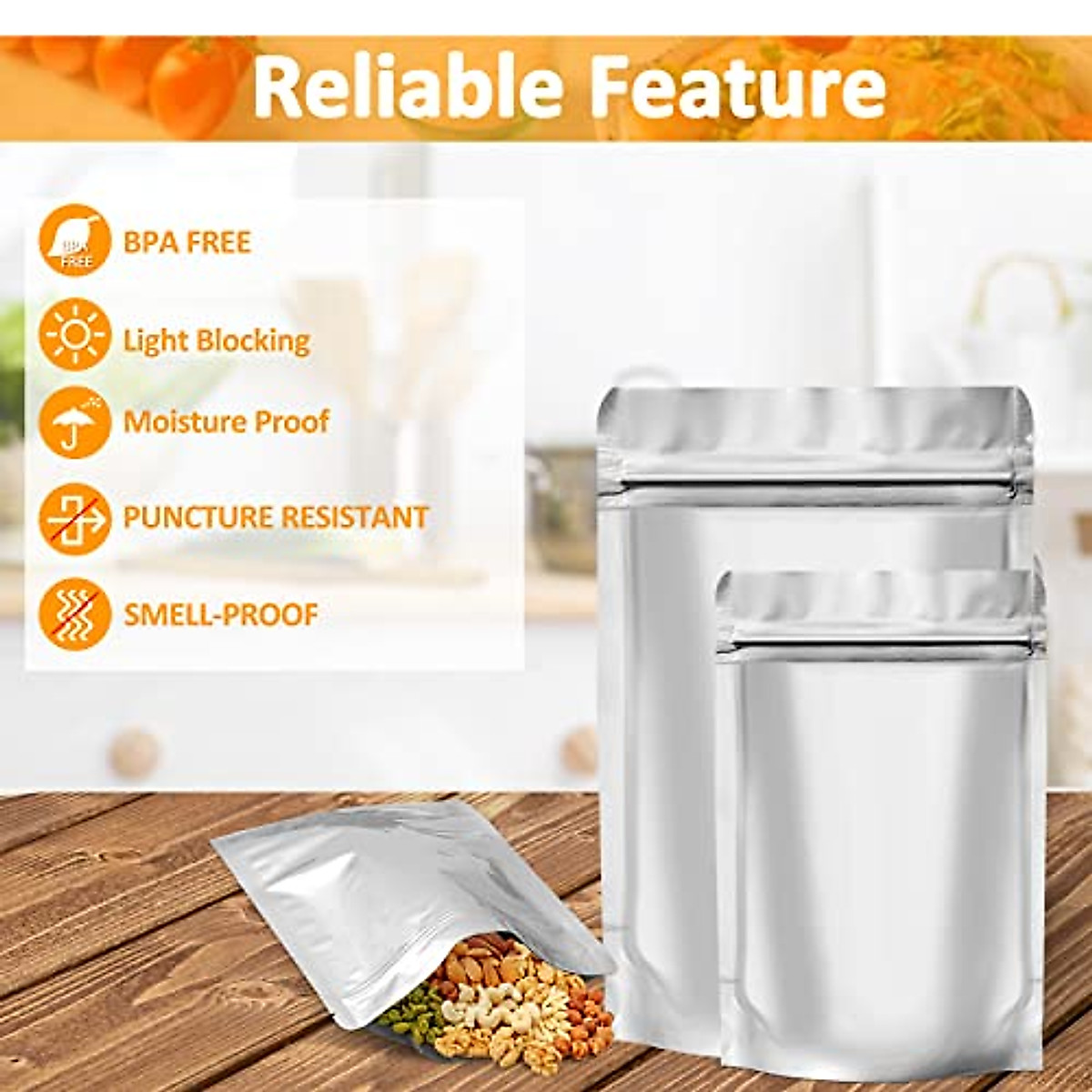 GOGOODA Mylar Bags for Food Storage with Oxygen Absorbers 60 Pack Resealable Bags 2 Size Gallon Quart Stand Up Mylar Bags with Labels, 10x14"/30 Pack, 7x10"/30 pack