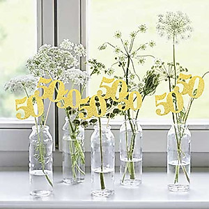 12 PCS Glitter 50th Birthday Centerpiece Sticks Number 50 Cake Toppers Fifty Table Flower Topper Decorations for 50th Birthday Anniversary Party Centerpiece Supplies Gold