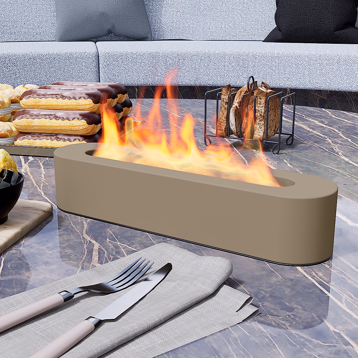 BPS Portable Mini Concrete Tabletop Fire Pit, Compact Rectangular Design in Brown for Indoor & Outdoor - Bio Ethanol Fuel