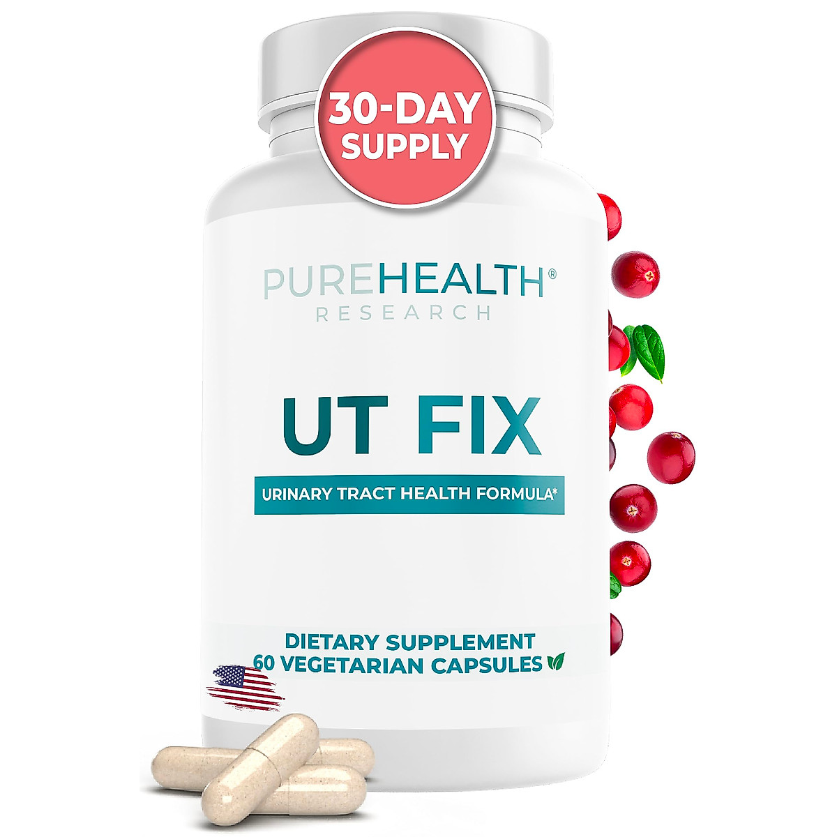 PUREHEALTH RESEARCH UTIFIX D Mannose with Cranberry Long-Term Supplement - D-Mannose for UTI 1000mg Capsules + 300mg Cranberry Extract + Propolis for Urinary Tract Health for Women and Men, 60 Count