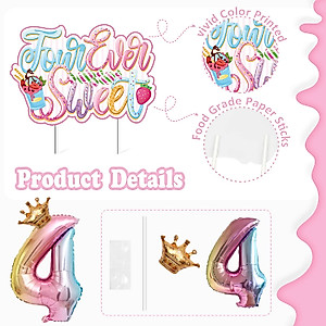JUYRLE Four Ever Sweet Birthday Decorations Girl, 4th Birthday Decorations Include Ice Cream Donut Banner Cake Toppers Hanging Swirls Latex Foil Balloons, 4 Year Old Birthday Decorations