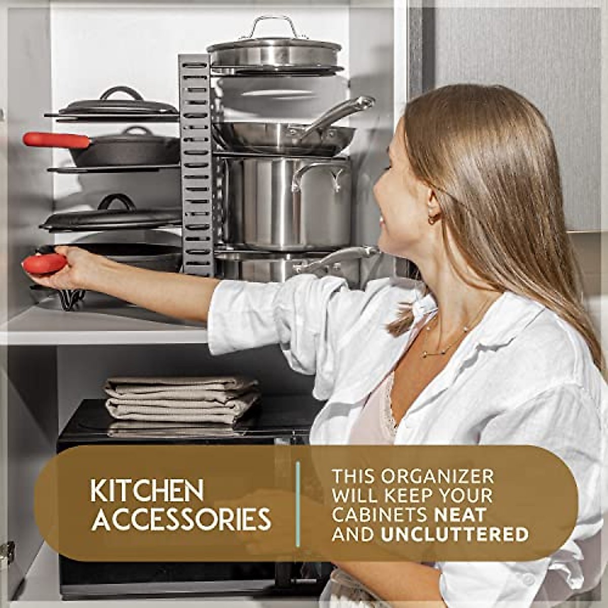 GeekDigg Pot Rack Organizer For Cabinet or Countertop, 3 DIY Methods Pot Rack, Height and Position are Adjustable 8+ Pots and Pan Lid Holder, Black Metal Kitchen Pantry Organizer Upgraded Version