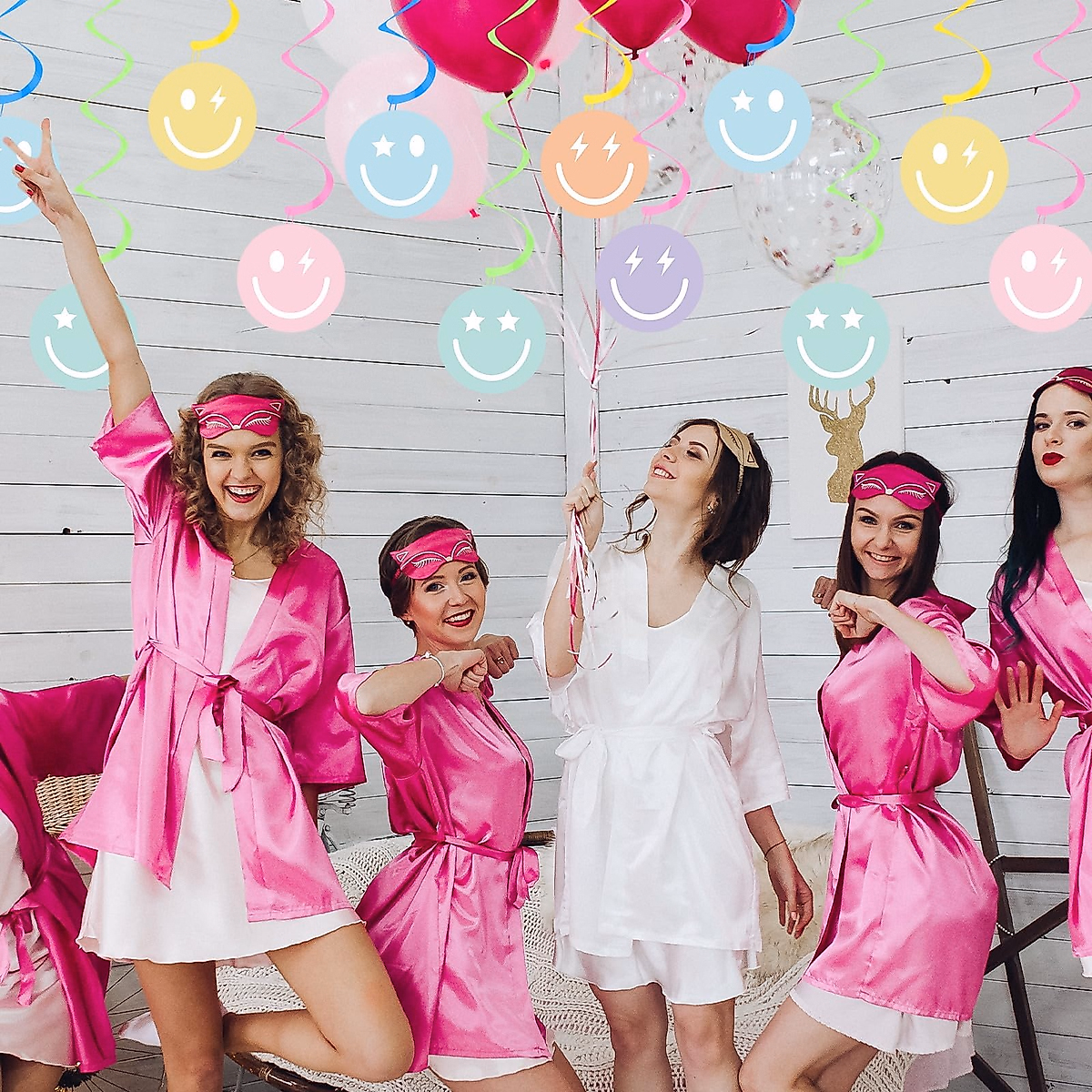 60Pcs Smile Face Birthday Decorations Preppy Party Decorations Smile Face Preppy Party Hanging Swirls Streamers Y2k Hot Pink Supplies for Birthday Party Favors