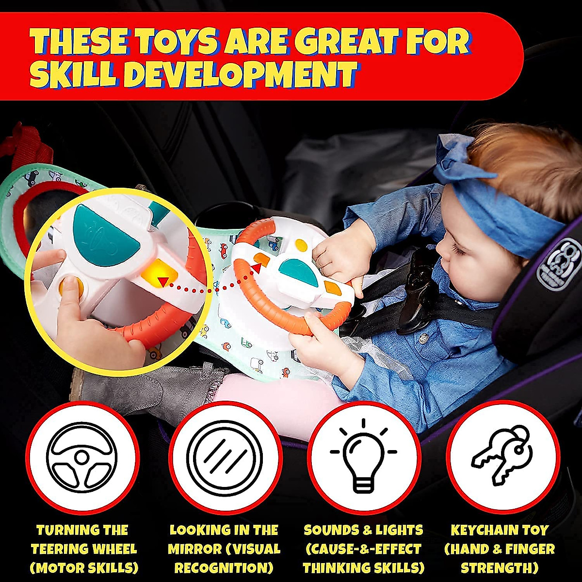 Interactive Car Seat Toys for Baby Girl & Boy - Portable Toddler Activity Center with Steering Wheel, Lever, Sounds, Music & Lights - Includes A Car Remote Musical Teether Toy for Infants
