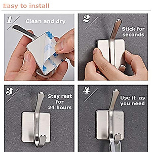 ZSYSUP 4 Pack Stainless Steel Adhesive Wall Hooks for Hanging, Seft-Adhesive Robe/Coat/Hat/Towel/Key Hooks for Bathroom Kitchen Curtain Door
