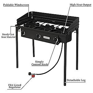 Bonnlo 3-Burner Outdoor Portable Propane Burner Stove 225,000-BTU Gas Cooker with Windscreen, Heavy Duty Iron Cast Patio Burner with Detachable Stand Legs for Camp Cooking