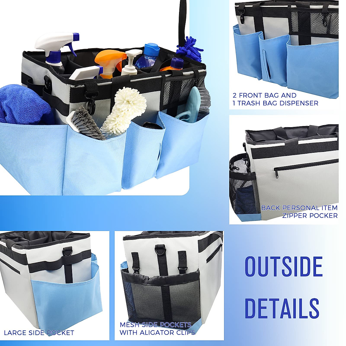 SCAVATA Large Wearable Cleaning Caddy Bag, Cleaning Supplies Organizer with Handles & Shoulder Straps for Housekeepers, Under Sink & Car Cleaning Tool Organizers Bags with Multiple Compartments (Blue)