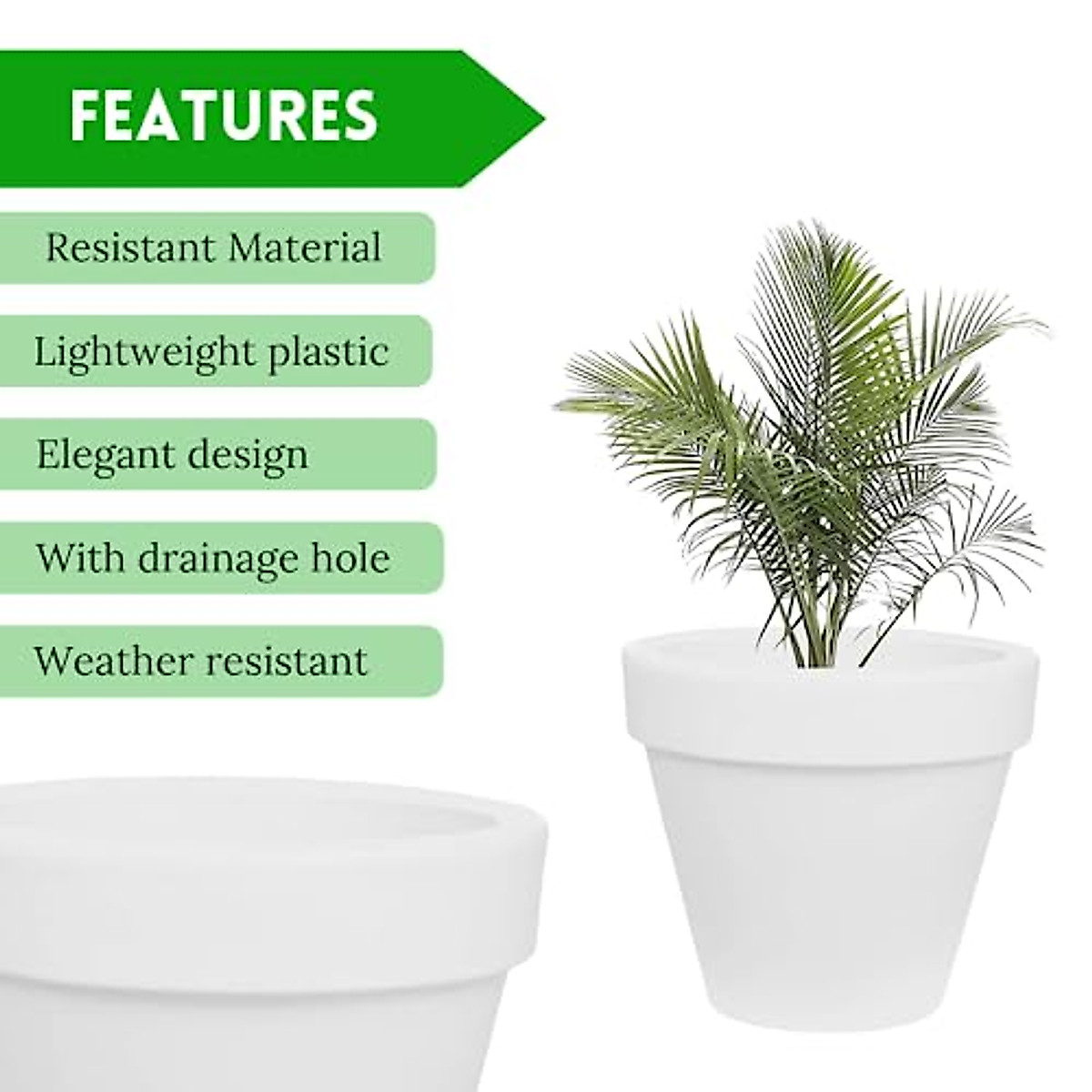 Elly Décor 18-inch Tall Classic Plastic Planter with Drainage Hole, Plant Pot, Lightweight & Durable, Gardening Flower Pot Traditional Plastic Pot 18" x 17", White