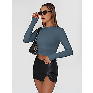 Trendy Queen Womens Long Sleeve Shirts Basic Crop Tops Tight Slim Fit Cute Teen Girls Fall Winter Y2k Clothes Haze Blue M