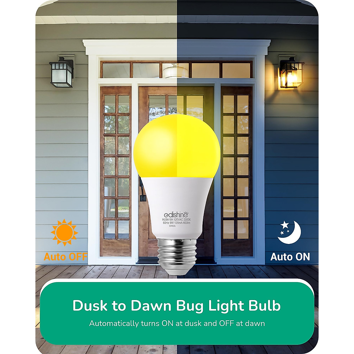 EDISHINE Dusk to Dawn Bug Light Bulbs Outdoor, 2000K Amber Glow Outdoor LED Light Bulb, Automatic On/Off, Yellow Light Bulb, 600LM, 9W(60W Equivalent), E26 Base, 4 Pack, UL Listed