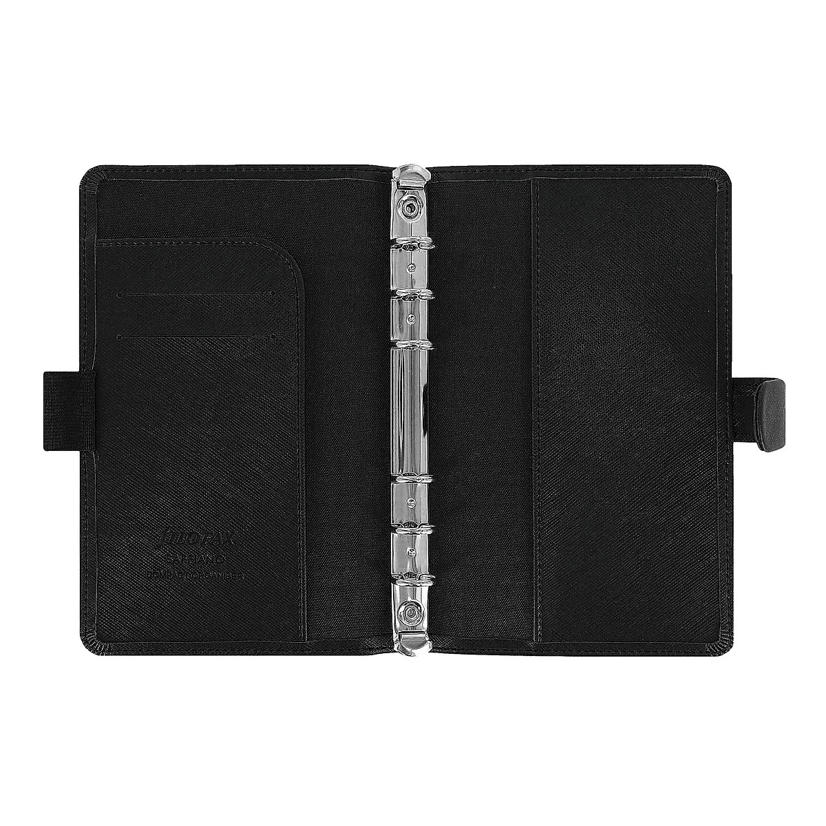 Filofax Saffiano Organizer, Personal Compact Size, Black - Cross-Grain, Leather-Look, Six Rings, Week-to-View Calendar Diary, Multilingual, 2024 (C022469-24)