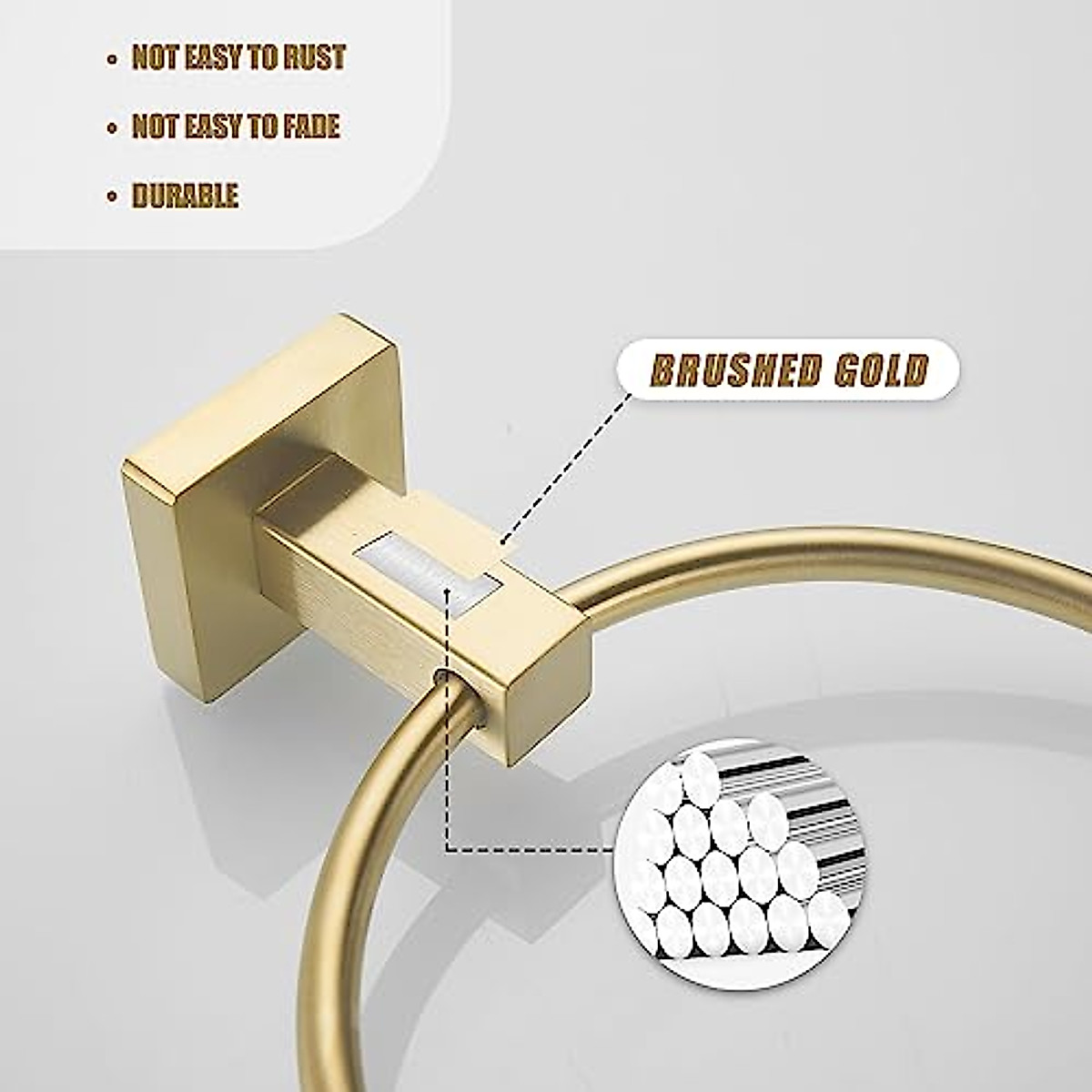 Leyden Brushed Gold Hand Towel Holder, Bathroom Towel Ring, Bath Hand Towel Hangers Wall Mounted Half Round Modern