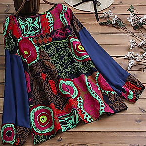 JOFOW Blouses Womens Loose Cotton Linen Patchwork Totem Geometric Pattern Print Long Sleeve Shirts Boat Crew O Neck Tops (L,Hot)