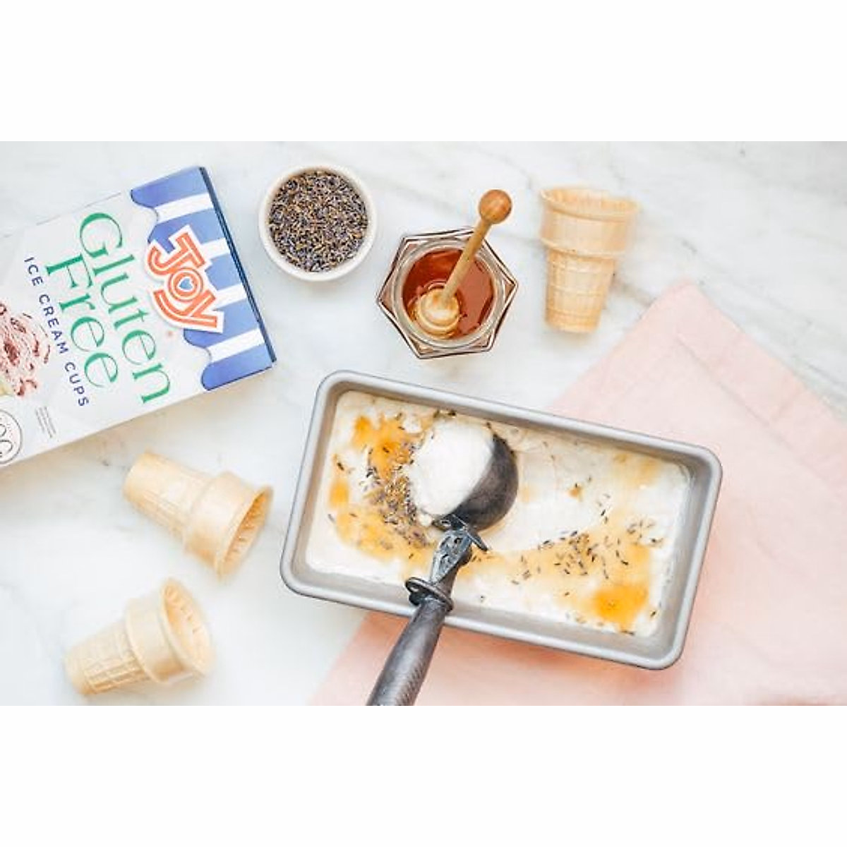 moofin Joy Gluten Free Ice Cream Cups Cones 1.75 Oz (Pack of 2, 12/pack), Joy Cake Cones - Bigger than Joy mini Ice Cream cones for kids, cake pops - Ice Cream Cups Golden Stainless Steel Spoon