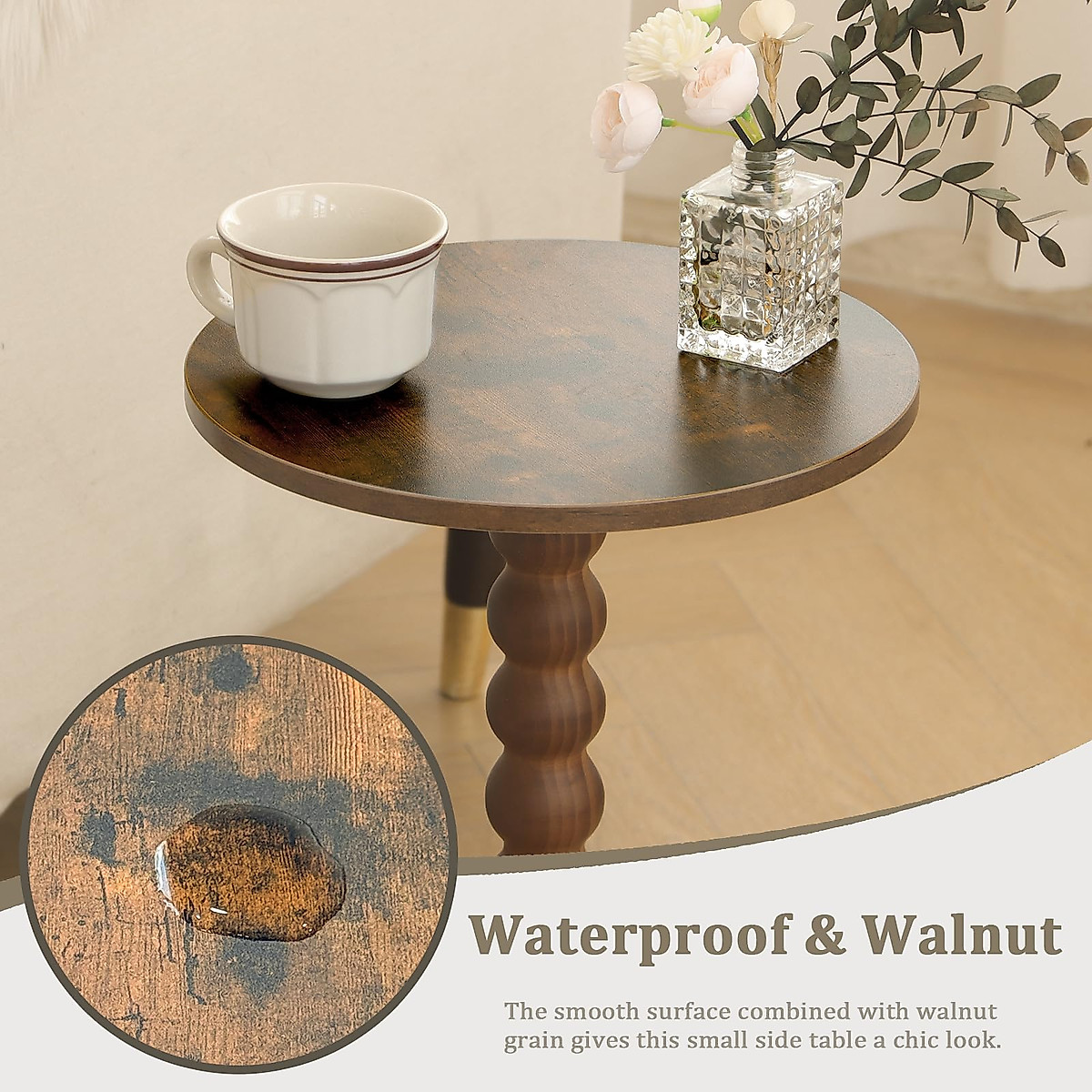 Fultyle Round Side Table, Small Drink Table for Small Spaces, Modern Accent Nightstand with Solid Wood Leg for Living Room, Bedroom, Corners, and Office (Rustic Brown)