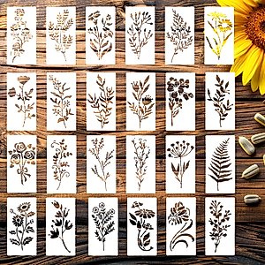 LLOUSSAK 24Pcs Wildflower Stencils for Painting, Leaf Stencils for Flower Leaf Crafts, Herb Plant Painting Stencils for Art Wood Wall Door Canvas Home Decor(5.9" x 2.95")