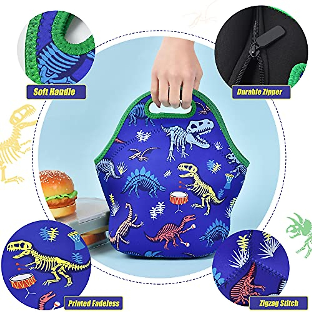 Fossils Dinosaur Lunch Bag - Neoprene Insulated Lunch Box for Boys Kids School Picnic Outdoor Lunch Handbag Waterproof Reusable Lunch Tote Bag Cooler Warm Pouch