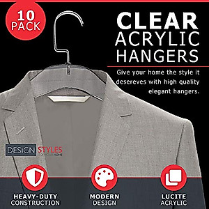 Clear Acrylic Clothes Hangers - 10 Pack Stylish and Heavy Duty Closet Organizer with Silver Chrome Plated Steel Hooks - Non-Slip Notches for Suit Jacket, Sweater, Blouse, and Dress - by Designstyles