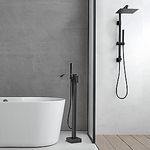 RUMOSE Tub Filler Freestanding Bathtub Faucet Oil Rubbed Bronze Floor Mount Tub Faucet Waterfall Bathtub Filler with CUPC Certified High Flow Brass Bath Shower Faucets with Handheld Sprayer