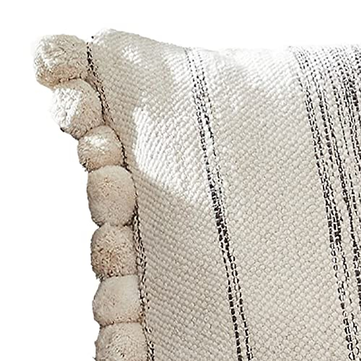 Benjara 18 Inch Decorative Throw Pillow Cover, Textured, Pom Pom Edges, Cream