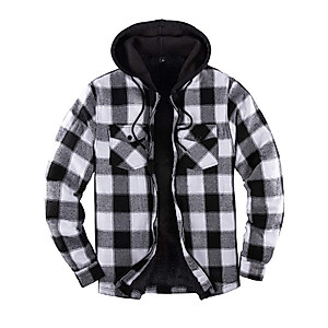 ZENTHACE Men's Sherpa Lined Full Zip Hooded Plaid Shirt Jacket Black/Grey XXL