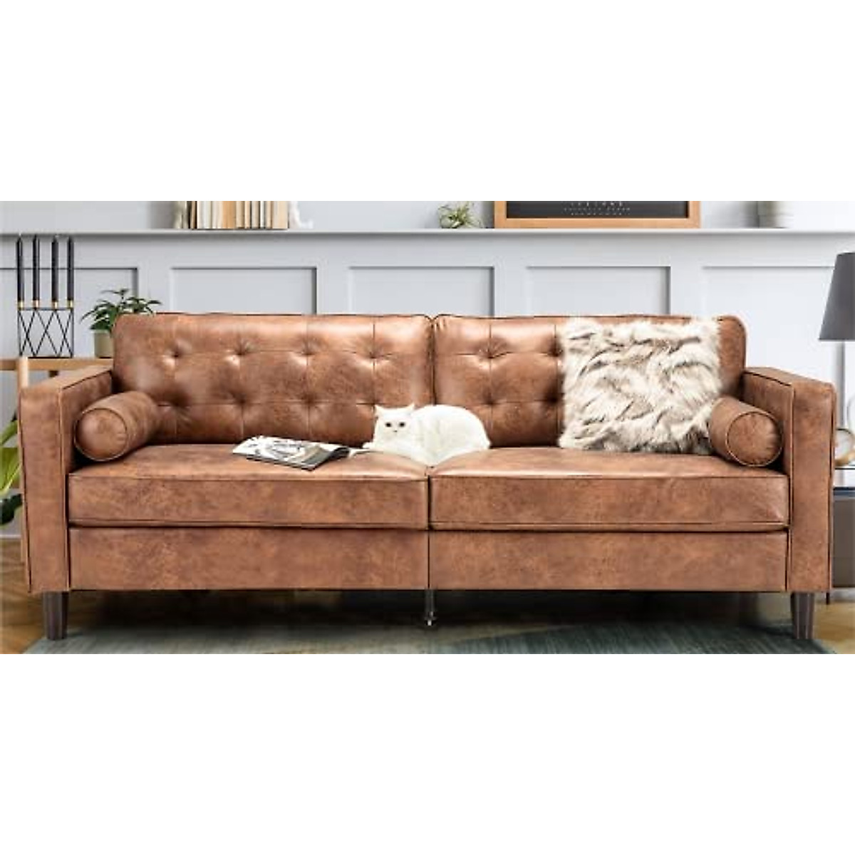 Esright 84.2”Mid-Century Sofa Couch,Tufted Synthetic Suede Fabric Modern Couch with 2 Bolster Pillows, Sofas Couches for Living Room,Apartment,Dorm & Office,Saddle Brown