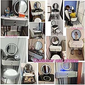 OM-PDD Makeup Desk with Drawers and Mirror Light, Chair, 360° Rotating Led Smart Mirror, Silent Slide Rail, Painted Iron Table Legs, Tempered Glass Top/Slate Top