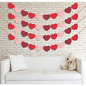JOZON 4 Pack Felt Heart Valentine’s Day Garland Banner Valentines Day Heart Decorations for Anniversary Wedding Engagement Party Home Office Wall Decorations Supplies (Red, Pink and Dark Red Color)