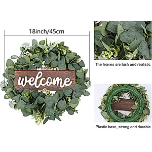 GTIDEA 18 Inch Eucalyptus Wreath for Front Door Summer Wreath with Welcome Sign Greenery Wreaths Farmhouse for Home Porch Wall Bedroom Window Festival All Season Wedding Decor